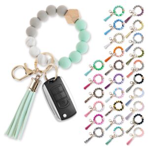 findfun women silicone beads key ring chain wristlet keychain bracelet leather tassel bangle（blue）