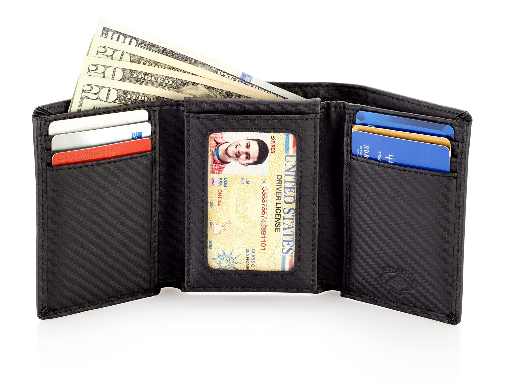 Stealth Mode Trifold Wallet - RFID Blocking Wallet with Flip ID Holder - Leather Case for Money, Credit Cards - Mens Organizer, Divided Billfold, Identity Protection - Men's Gifts (Carbon Fiber)