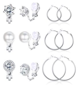 ubjuliwa 6 pairs clip on earrings for women fashion hoop cz pearl stud earrings women clip on earrings set