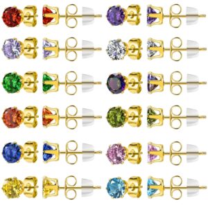 tiyamila gold plated birthstone stud earrings 316l stainless steel cz stud earrings for women, coloful round cubic zirconia stud earrings, cz earrings set 4mm, 5mm, 6mm, 7mm with gift box - 6mm