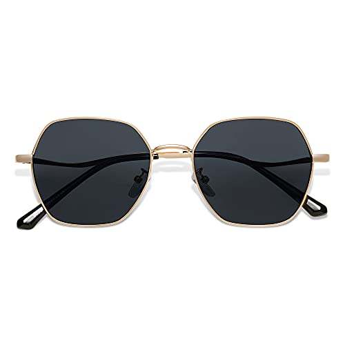 SOJOS Hexagon Square Polarized Sunglasses for Women Men Retro Gold Rim Wire Frame Polygon Shades SJ1101, Gold Frame/Grey Lens