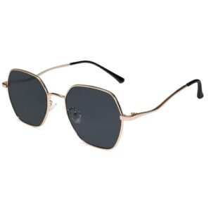 SOJOS Hexagon Square Polarized Sunglasses for Women Men Retro Gold Rim Wire Frame Polygon Shades SJ1101, Gold Frame/Grey Lens