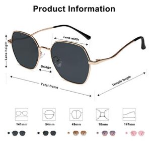 SOJOS Hexagon Square Polarized Sunglasses for Women Men Retro Gold Rim Wire Frame Polygon Shades SJ1101, Gold Frame/Grey Lens