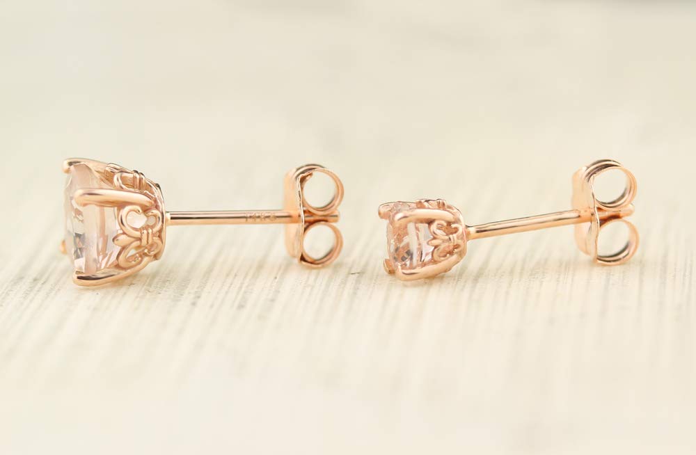 Solid 14k Rose Gold Morganite Fleur-de-lis Stud Earrings (4.5mm Morganite)