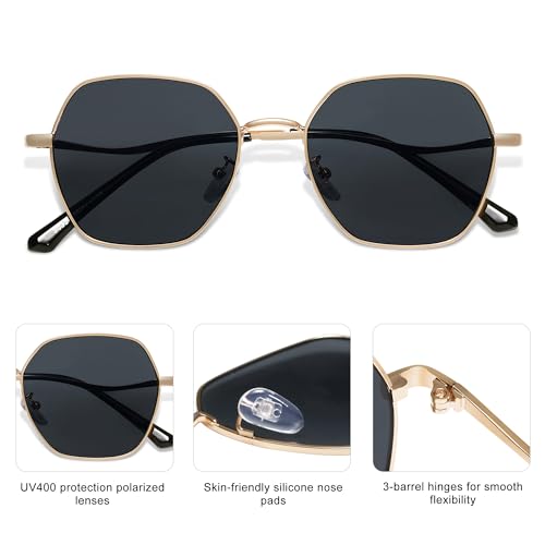 SOJOS Hexagon Square Polarized Sunglasses for Women Men Retro Gold Rim Wire Frame Polygon Shades SJ1101, Gold Frame/Grey Lens