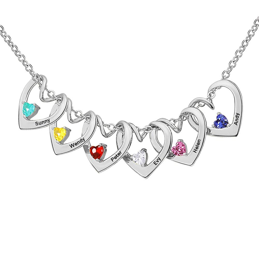 BAUMA AUTO Personalized Family Name Necklace with 1-5 Heart Charms for Mother's Day Valentine's Day Custom Mother Name Necklace with Simulated Birthstones for Women, Grandma (06 hearts)