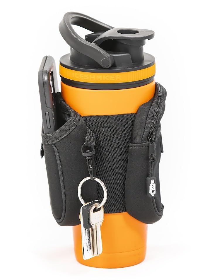 Bottle Caddy™️ The Original Gym Water Bottle Pouch Sleeve with Zipper Side Storage Pockets for Cards, Keys, Phone, Wallet for Reusable Bottles, Small Size (20-28+ Oz Bottles)