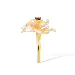 Santuzza Lotus Ring 925 Sterling Silver Garnet Handmade Enamel Flower Ring for Women (7)