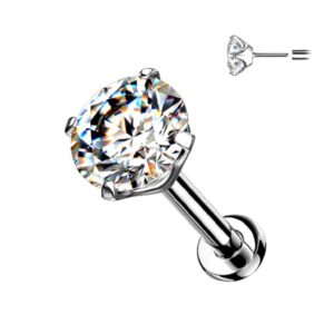 Pierced Owl 16-20GA G23 Implant Grade Titanium Threadless Push-in Prong Set CZ Crystal Top Flat Back Labret Monroe Lip Nose Cartilage Helix Tragus Conch Ear Lobe Barbell Stud (20GA (0.8mm))