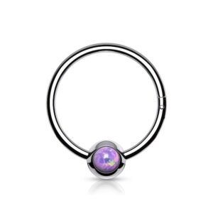 pierced owl 16ga stainless steel synthetic opal ball cartilage helix daith septum hinged segment ring (silver tone/purple, 10mm diameter)