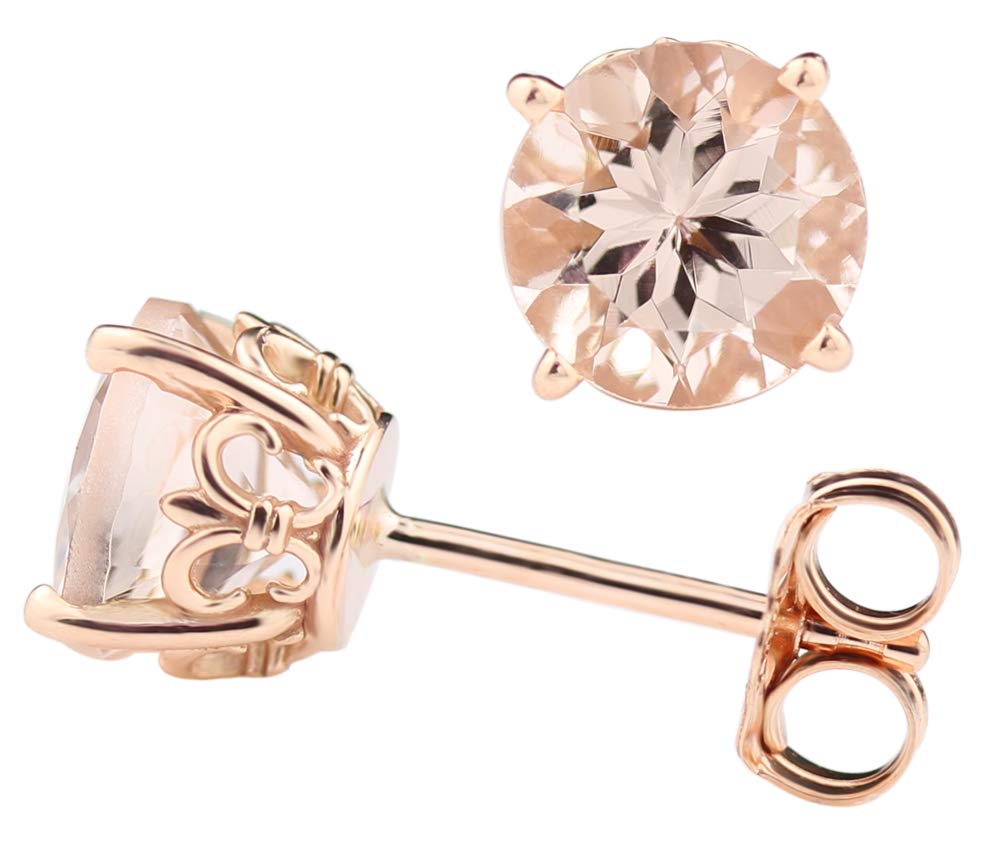 Solid 14k Rose Gold Morganite Fleur-de-lis Stud Earrings (4.5mm Morganite)