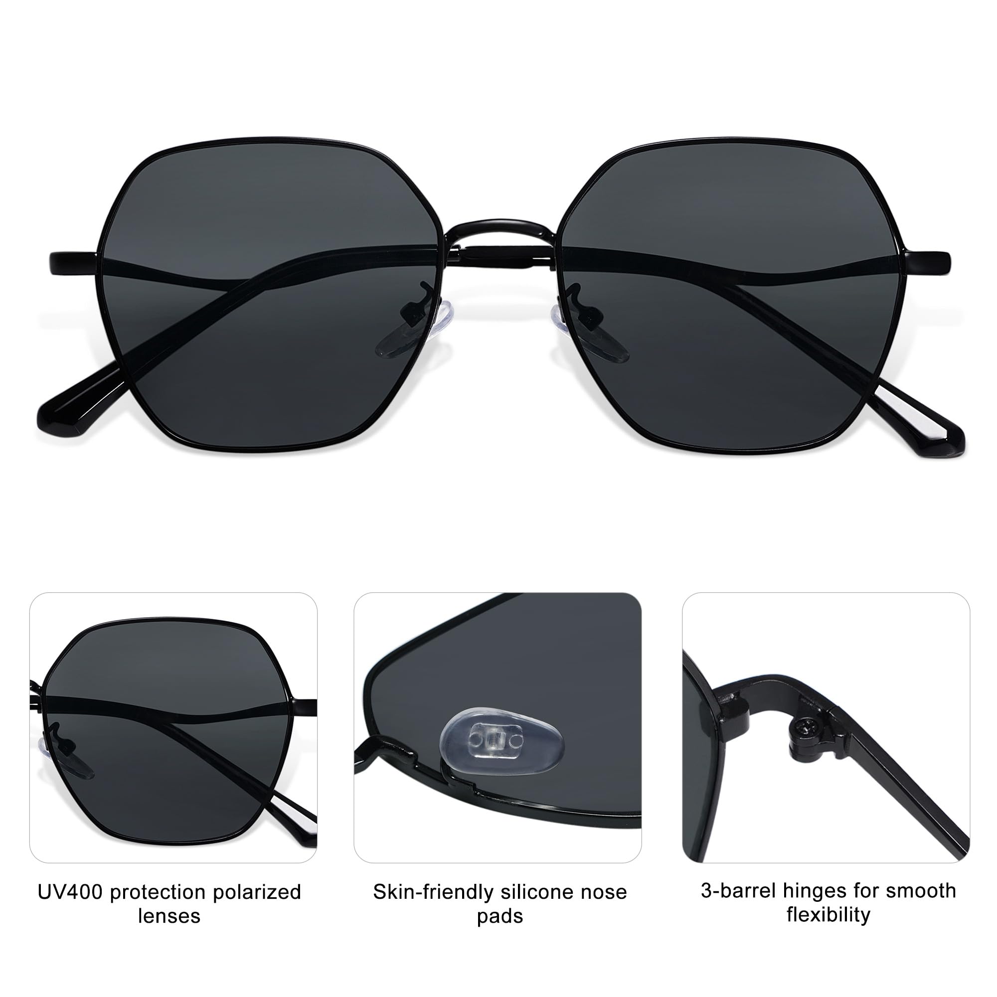 SOJOS Hexagon Square Polarized Sunglasses for Women Men Retro Gold Rim Wire Frame Polygon Shades SJ1101, Black Frame/Grey Lens