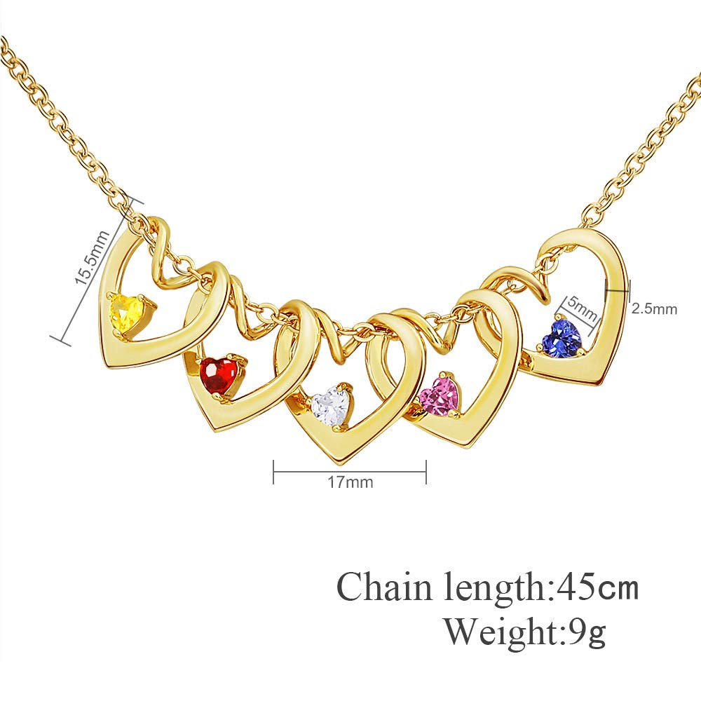 BAUMA AUTO Personalized Family Name Necklace with 1-5 Heart Charms for Mother's Day Valentine's Day Custom Mother Name Necklace with Simulated Birthstones for Women, Grandma (06 hearts)