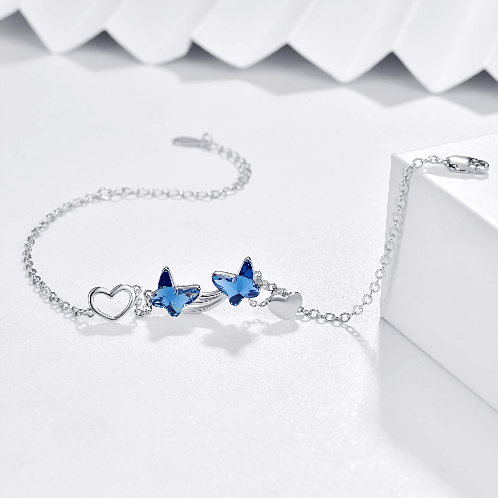 MEDWISE Butterfly Bracelets for Women Sterling Silver Butterfly Bracelets with Blue Crystal Animal Adjustable Bracelets Butterfly Wrist Bracelets Jewelry Christmas Gifts for Women