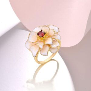 Santuzza Lotus Ring 925 Sterling Silver Garnet Handmade Enamel Flower Ring for Women (7)