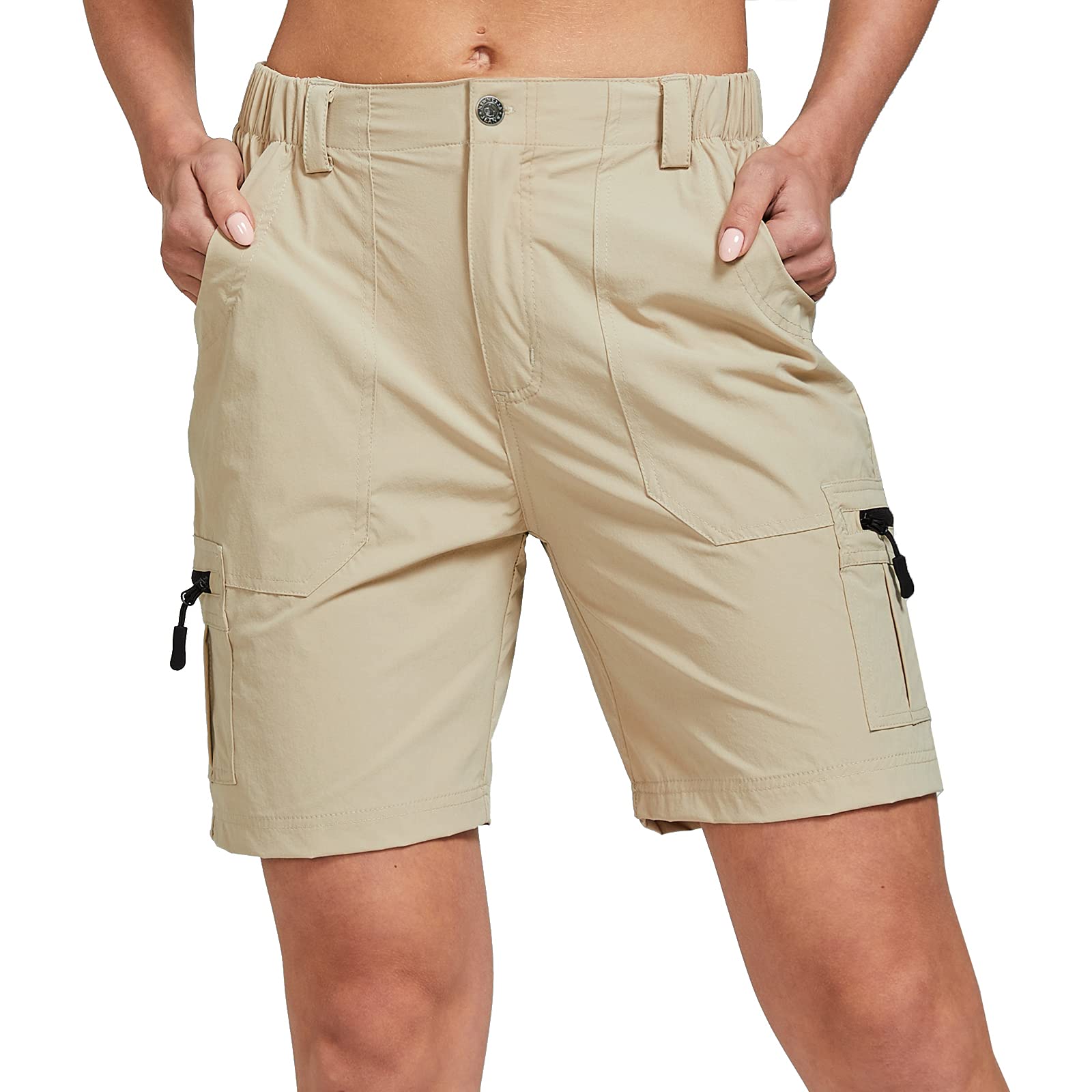 ChinFun Women's Stretch Cargo Shorts Lightweight Hiking Shorts Quick Dry Golf Shorts Water Resistant with 6 Pockets Khaki XL