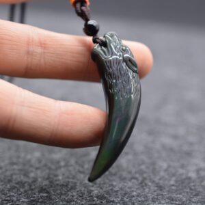 QIANXU Rainbow Obsidian Necklace Wolf Teeth Pendant Crystals Amulet Healing Jewelry (rainbow obsidian)