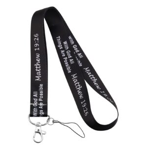 lqri christian lanyard id holder keychain bible verse matthew 19:26 gift with god all things are possible gift clip charm catholic gift religious baptized jewelry (black)