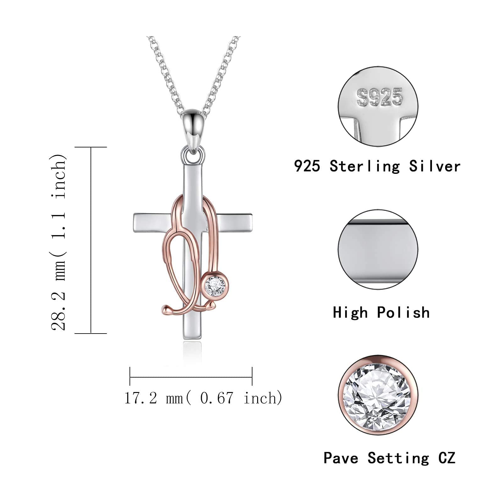 Sterling Silver Stethoscope Cross Necklace Earrings Bracelet Women Medicine Pendant Jewelry Nurse Doctor Graduation Gift for Medical Student (rosegold Stethoscope necklace)