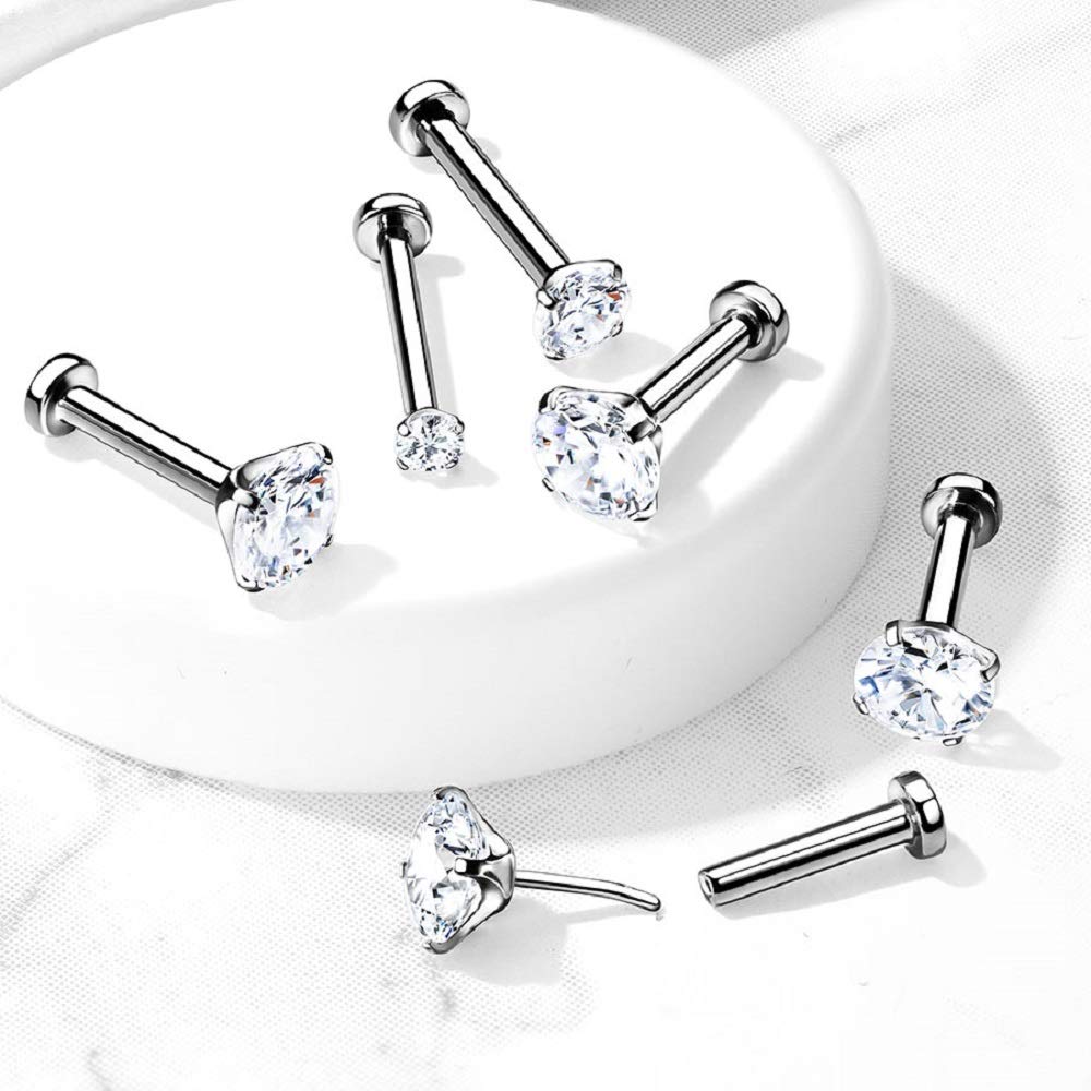 Pierced Owl 16-20GA G23 Implant Grade Titanium Threadless Push-in Prong Set CZ Crystal Top Flat Back Labret Monroe Lip Nose Cartilage Helix Tragus Conch Ear Lobe Barbell Stud (20GA (0.8mm))