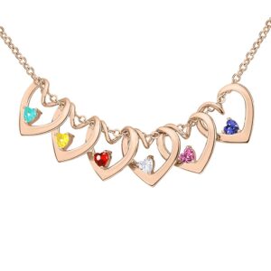 BAUMA AUTO Personalized Family Name Necklace with 1-5 Heart Charms for Mother's Day Valentine's Day Custom Mother Name Necklace with Simulated Birthstones for Women, Grandma (06 hearts)