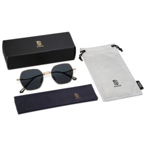 SOJOS Hexagon Square Polarized Sunglasses for Women Men Retro Gold Rim Wire Frame Polygon Shades SJ1101, Black Frame/Grey Lens