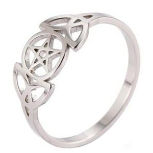 Fantasy Forge Jewelry Triple Goddess Ring Womens Silver Stainless Steel Star Crescent Moon Band Sizes 6-10 (10)