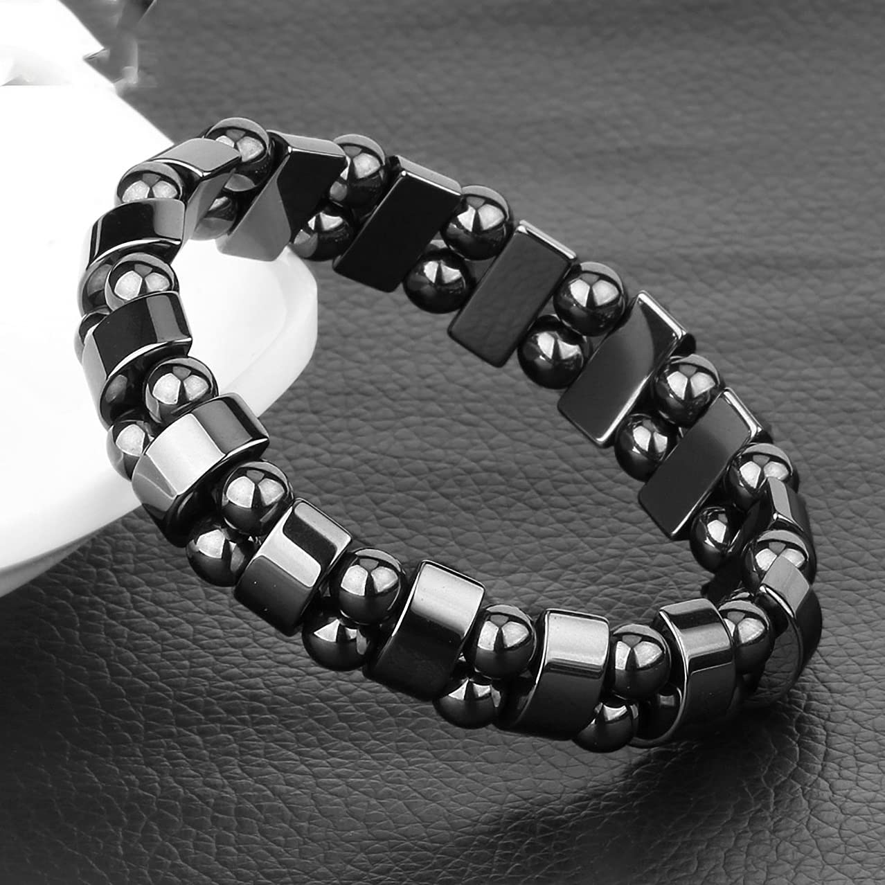 WAINIS 8 Pcs Hematite Bracelet Set for Men Women Stretch Round Bead Stone Bracelet Unisex Jewelry Gift