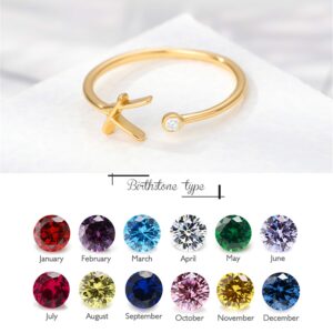 MRENITE 10k 14k 18k Solid Yellow Gold Personalized Initial Ring Alphabet Rings with Birthstone Adjustable Wrap Open A-Z Letter Rings - Custom Jewelry Gift for Women