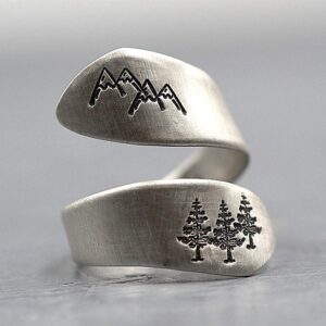 Mountain and Trees Cute Wrap Rings for Women Finger Band Statement Vintage Silver Plated Middle Tail Ring Wide Hypoallergenic Expandable Adjustable Cute Engagement Promise Dainty Mother Gifts Birthday