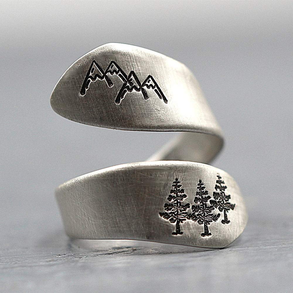 Mountain and Trees Cute Wrap Rings for Women Finger Band Statement Vintage Silver Plated Middle Tail Ring Wide Hypoallergenic Expandable Adjustable Cute Engagement Promise Dainty Mother Gifts Birthday