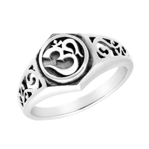 aeravida spiritual om or aum symbol with filigree accents .925 sterling silver ring (10) | religious hinduism ring for women | fashion jewelry