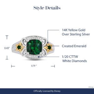 Jewelili Enchanted Disney Fine Jewelry 14K Yellow Gold Over Sterling Silver Cushion Created Emerald and Natural White Round Diamond Accent Tinkerbell Star Ring, Size 9