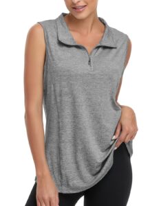 viracy workout tank tops for women, moisture wicking running shirts sleeveless 1/4 zip up golf top lightweight cool delicate versatile flattering boutique daily lounge wear grey xl