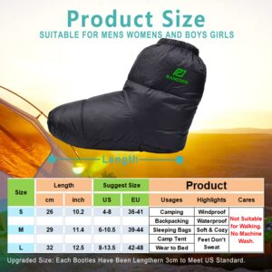 RANDDER Down Booties Warm Socks, Ultralight Winter Thermal Foot Warmer Camping Sleeping Bag Tent Slippers for Men Women(Black/Small)