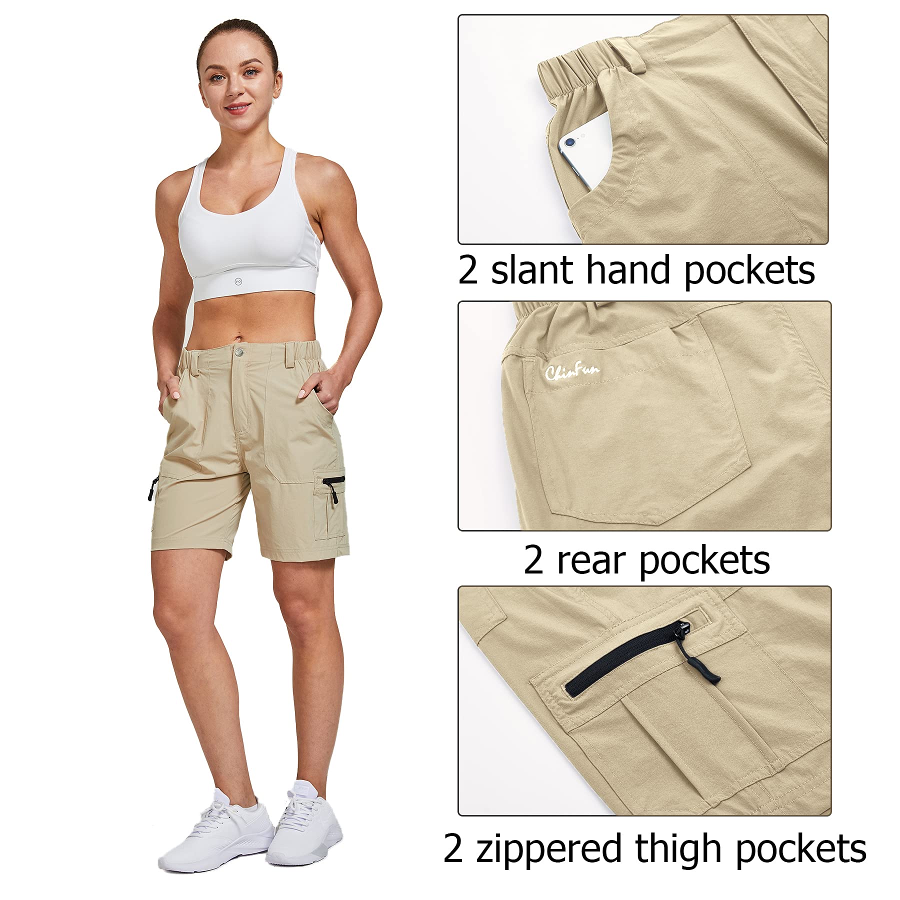 ChinFun Women's Stretch Cargo Shorts Lightweight Hiking Shorts Quick Dry Golf Shorts Water Resistant with 6 Pockets Khaki XL