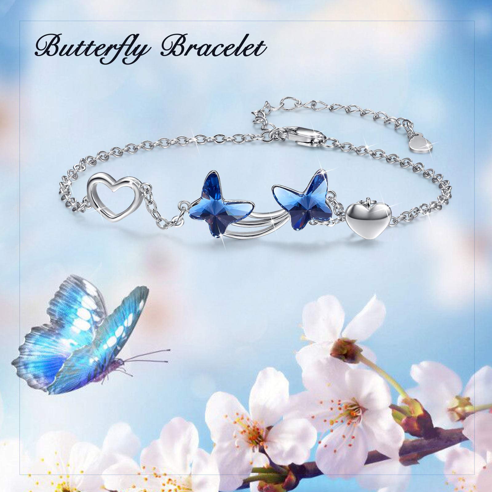 MEDWISE Butterfly Bracelets for Women Sterling Silver Butterfly Bracelets with Blue Crystal Animal Adjustable Bracelets Butterfly Wrist Bracelets Jewelry Christmas Gifts for Women