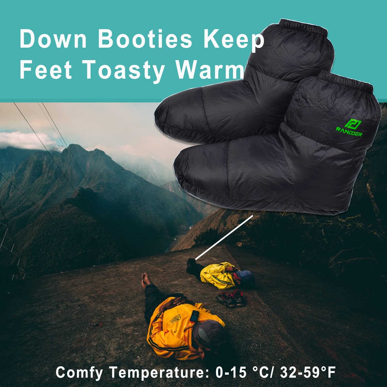 RANDDER Down Booties Warm Socks, Ultralight Winter Thermal Foot Warmer Camping Sleeping Bag Tent Slippers for Men Women(Black/Small)