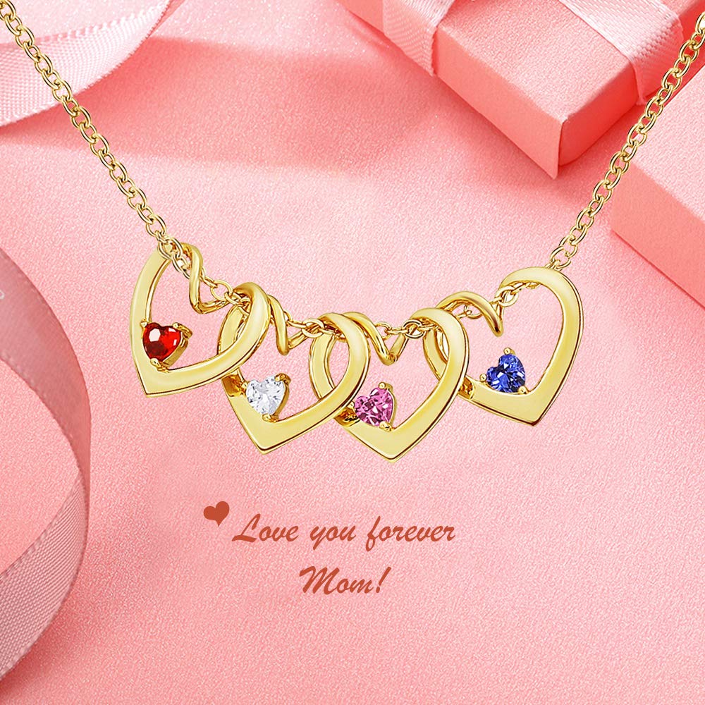 BAUMA AUTO Personalized Family Name Necklace with 1-5 Heart Charms for Mother's Day Valentine's Day Custom Mother Name Necklace with Simulated Birthstones for Women, Grandma (06 hearts)