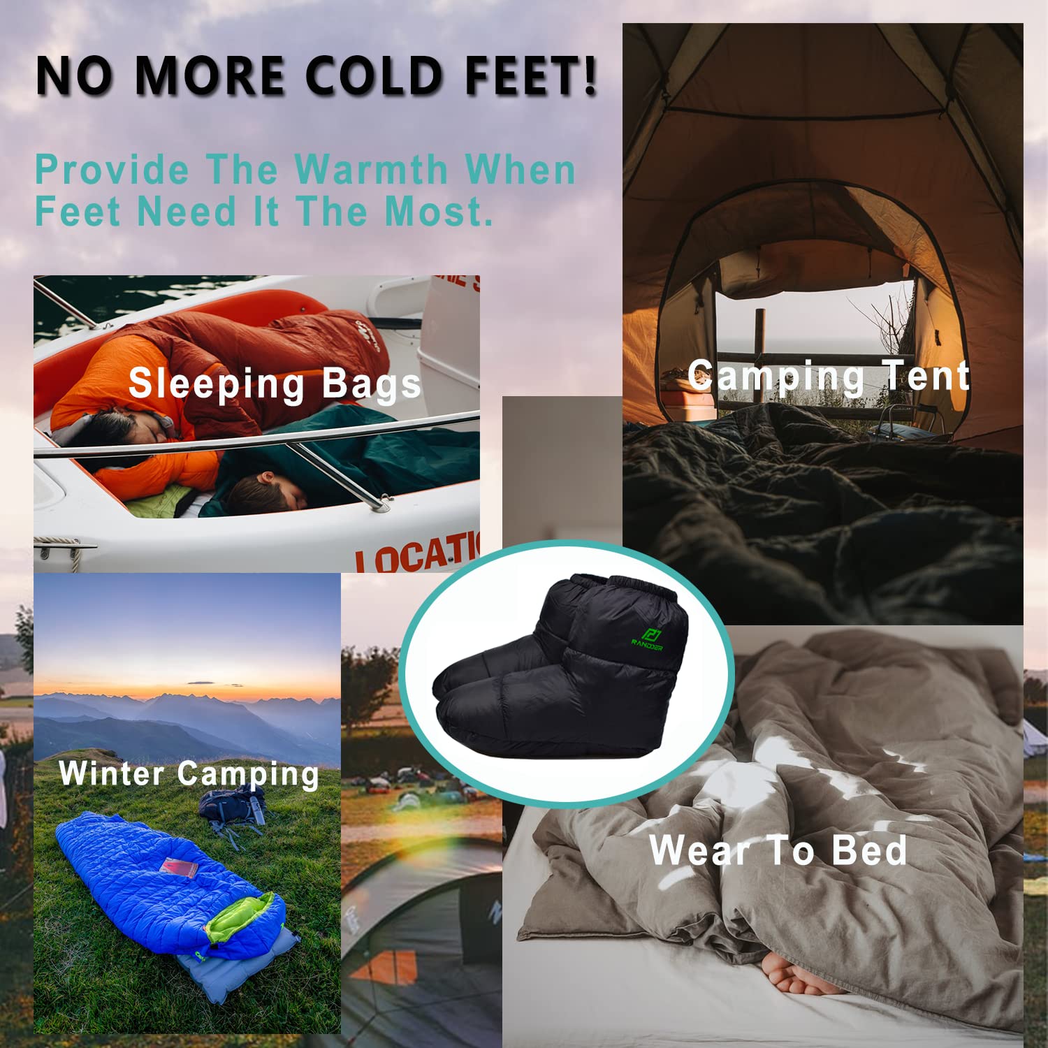 RANDDER Down Booties Warm Socks, Ultralight Winter Thermal Foot Warmer Camping Sleeping Bag Tent Slippers for Men Women(Black/Small)