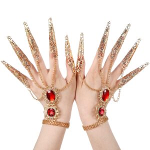 maitys 2 pcs gold bracelets inlaid with acrylic women belly dance gypsy egyptian bracelet with finger nails halloween costume (ruby)