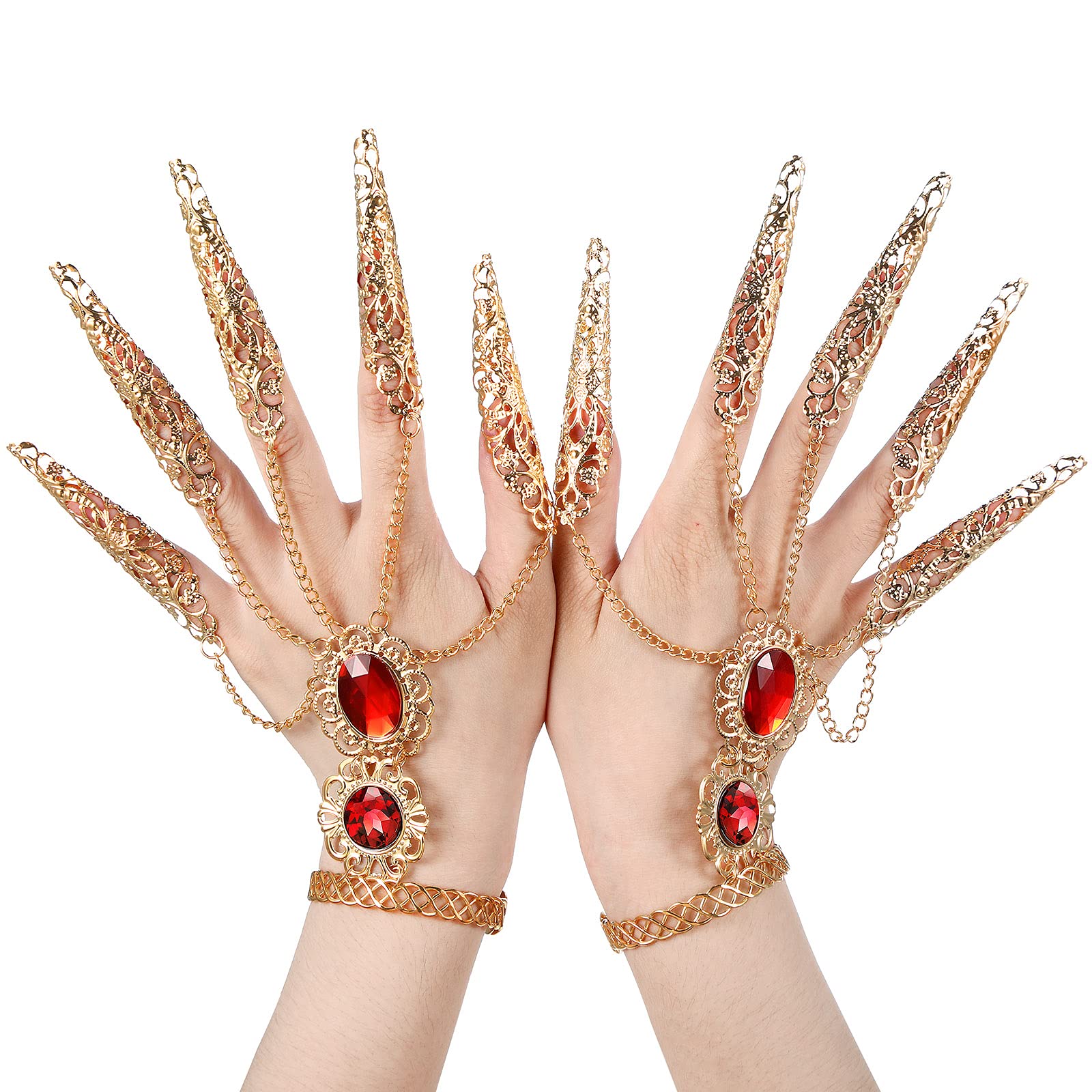 Maitys 2 Pcs Gold Bracelets Inlaid with Acrylic Women Belly Dance Gypsy Egyptian Bracelet with Finger Nails Halloween Costume (Ruby)