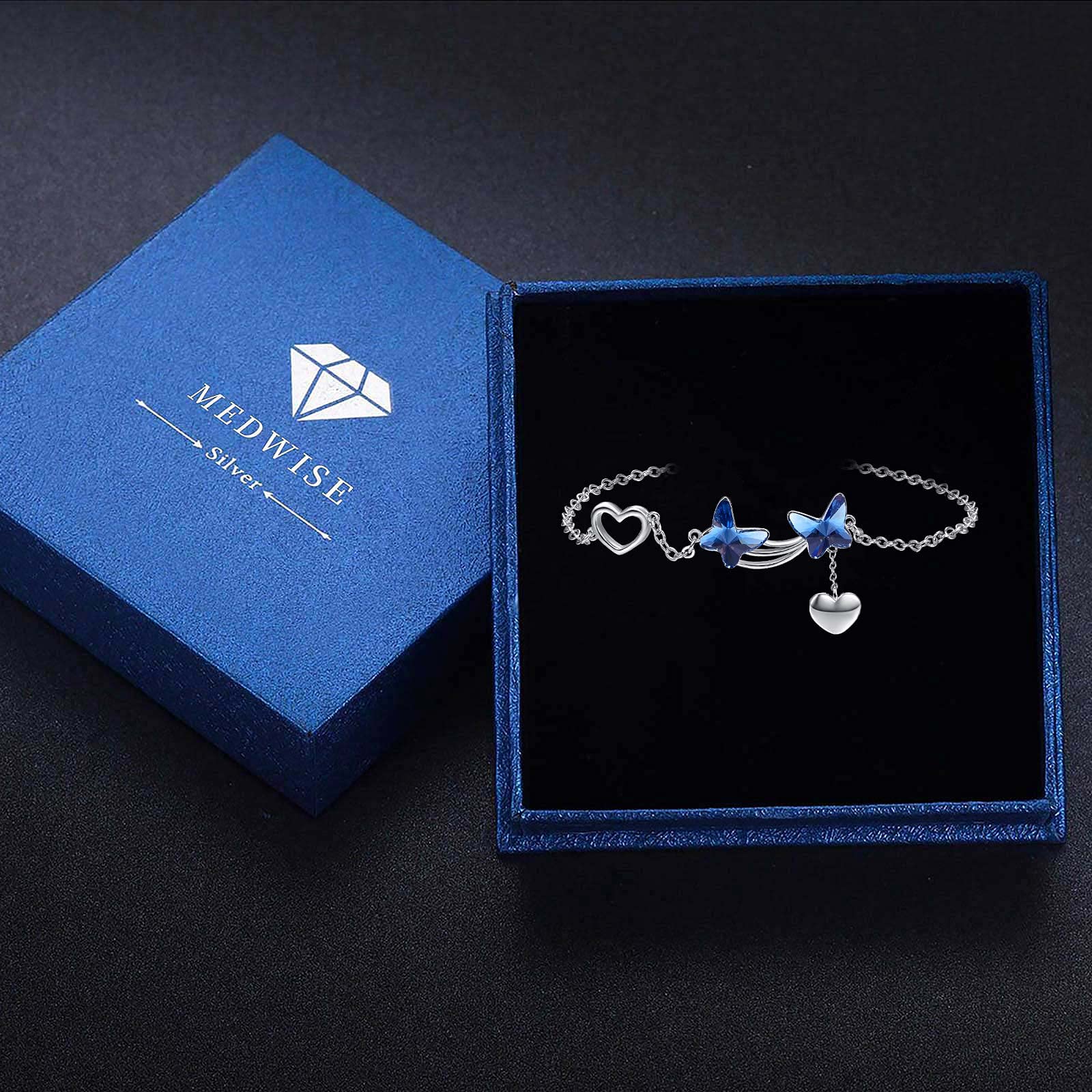 MEDWISE Butterfly Bracelets for Women Sterling Silver Butterfly Bracelets with Blue Crystal Animal Adjustable Bracelets Butterfly Wrist Bracelets Jewelry Christmas Gifts for Women