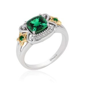 jewelili enchanted disney fine jewelry 14k yellow gold over sterling silver cushion created emerald and natural white round diamond accent tinkerbell star ring, size 9