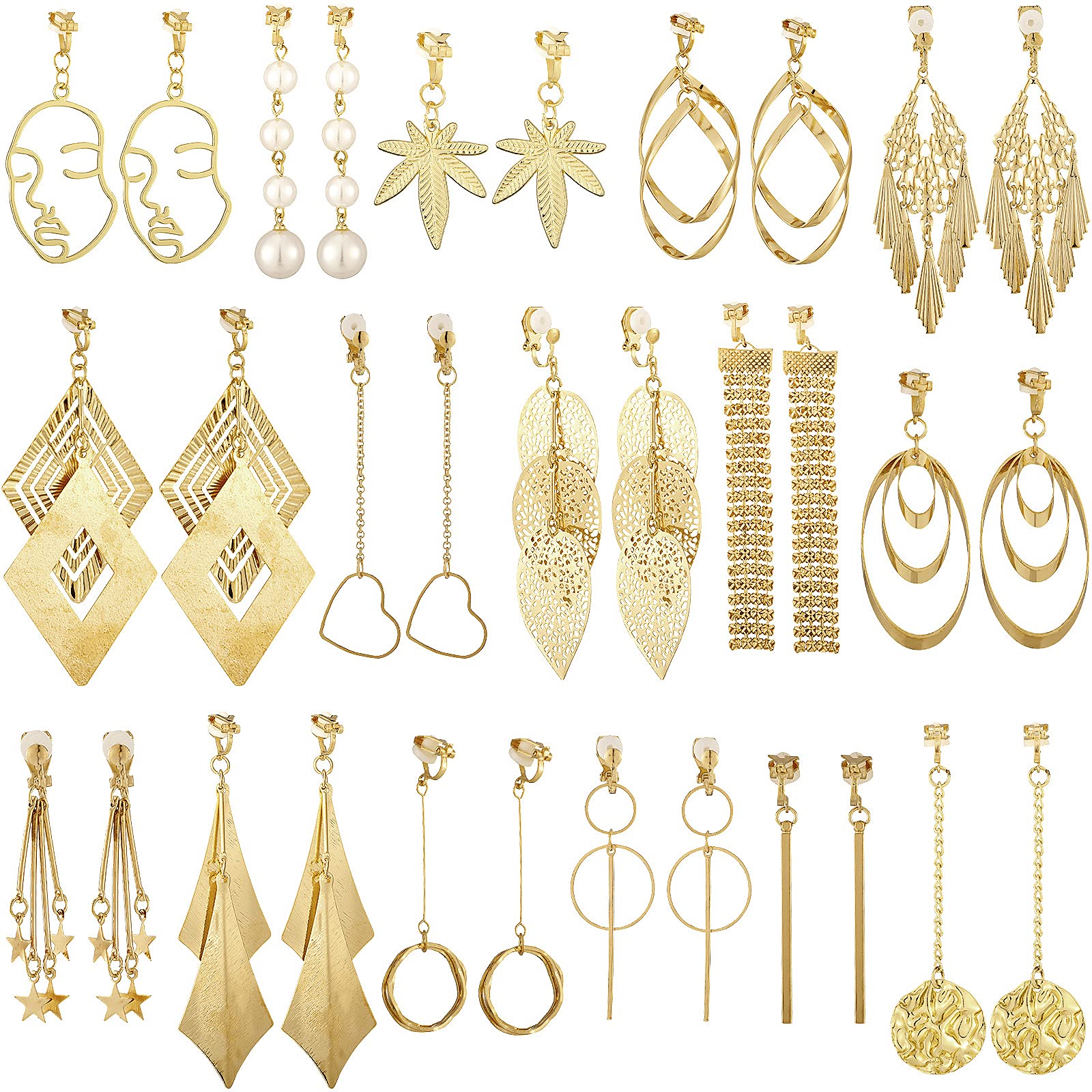 16 Pairs Clip on Drop Dangle Earrings Set Bohemian Tassel Pendant Clip Earrings Gold Plated Ear Clips Non-Piercing Pendant Earrings for Women (Chic Style)