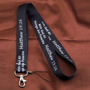 LQRI Christian Lanyard ID Holder Keychain Bible Verse Matthew 19:26 Gift With God All Things Are Possible Gift Clip Charm Catholic Gift Religious Baptized Jewelry (Black)