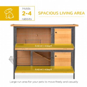 PawHut 48" 2-Story Large Rabbit Hutch Bunny Cage Wooden Pet House Metal Frame with Individual Room, Ramp, No Leak Tray, Feeding Trough, Waterproof Asphalt Roof for Outdoor/Indoor