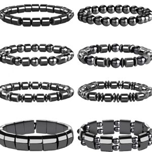 WAINIS 8 Pcs Hematite Bracelet Set for Men Women Stretch Round Bead Stone Bracelet Unisex Jewelry Gift