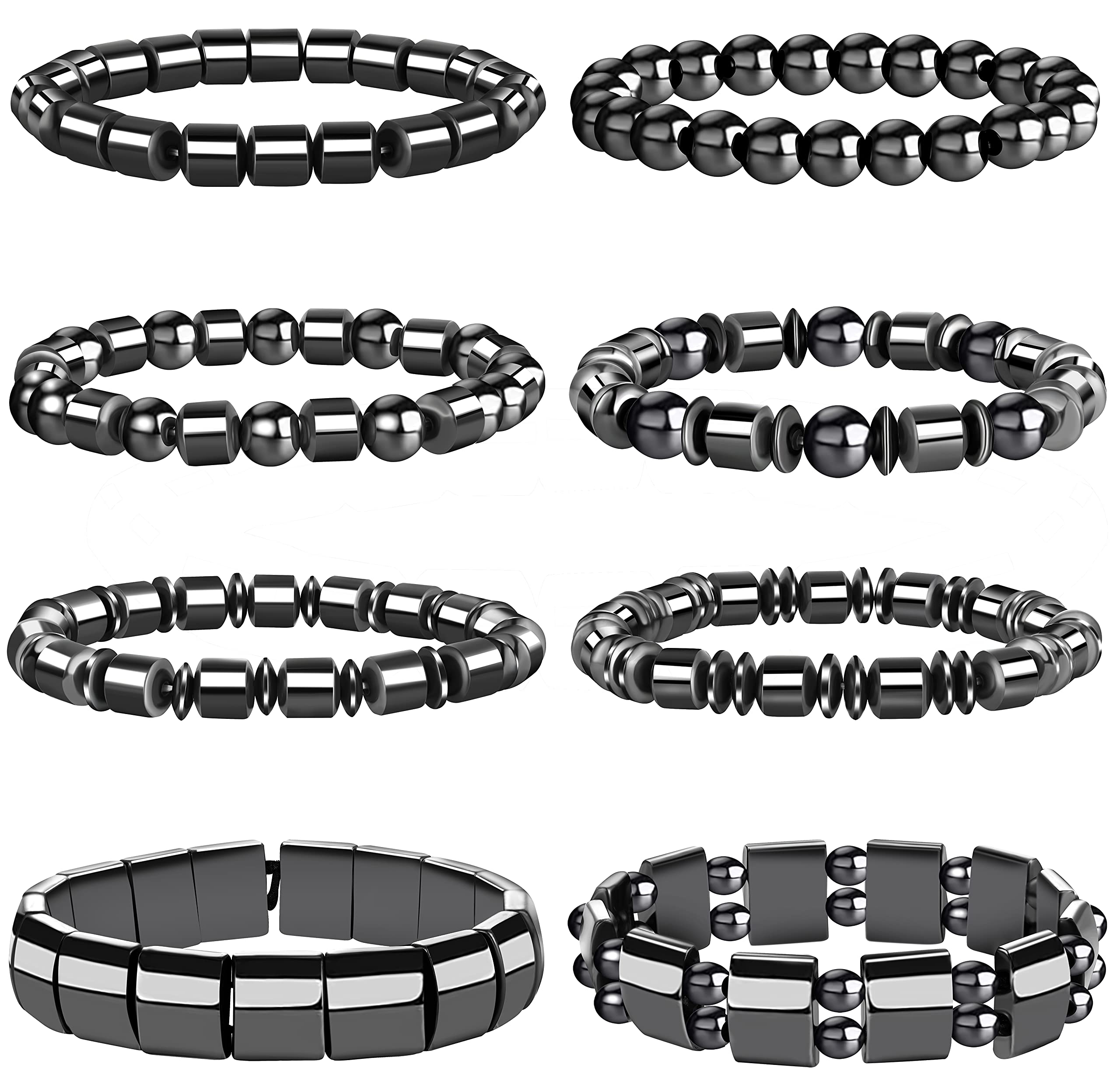 WAINIS 8 Pcs Hematite Bracelet Set for Men Women Stretch Round Bead Stone Bracelet Unisex Jewelry Gift