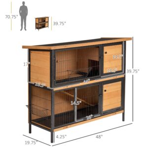 PawHut 48" 2-Story Large Rabbit Hutch Bunny Cage Wooden Pet House Metal Frame with Individual Room, Ramp, No Leak Tray, Feeding Trough, Waterproof Asphalt Roof for Outdoor/Indoor